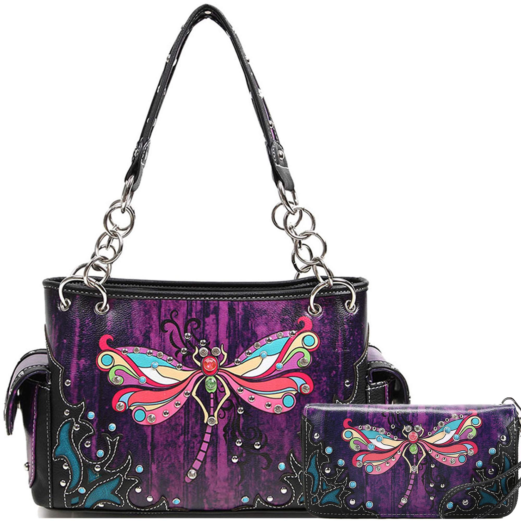 Colorful Dragonfly Western Style Spring Rhinestone Studded Purse Leather Country Handbag Women Shoulder Bag Wallet Set (#2 Purple)