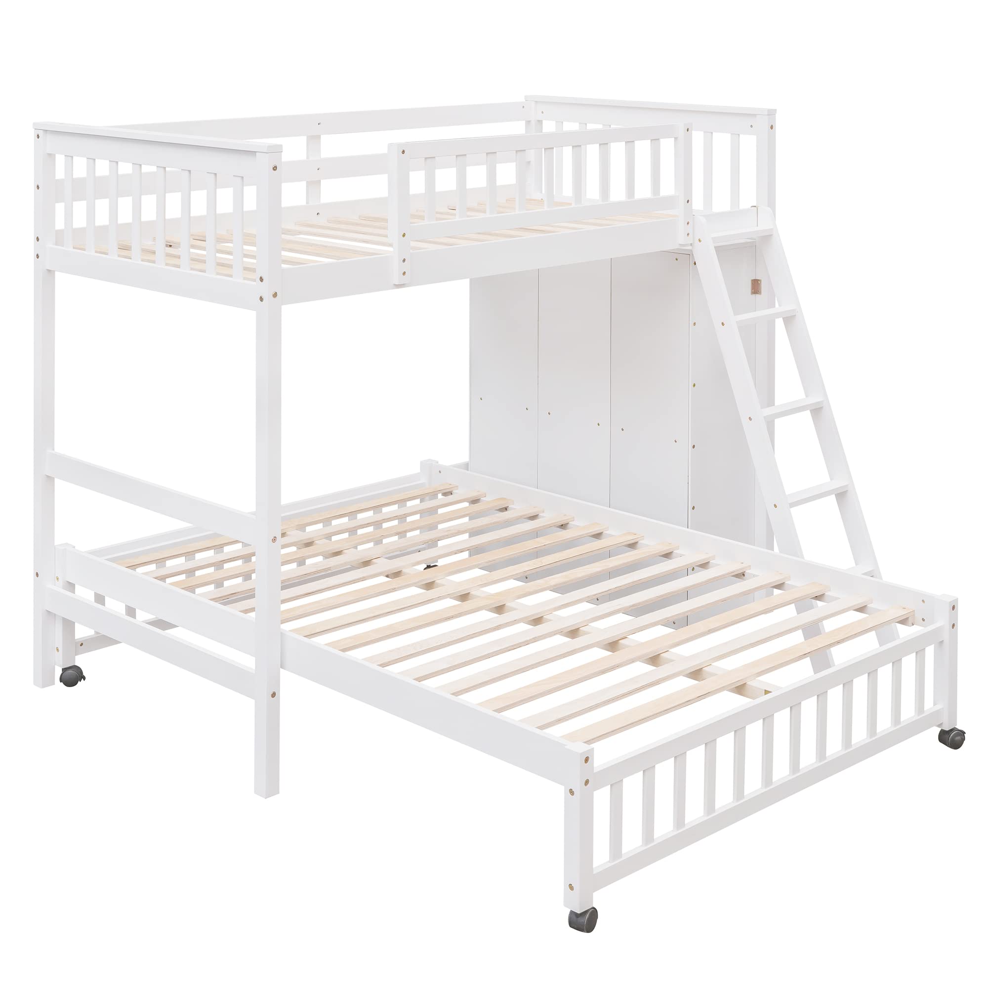 Bellemave Twin Over Full Bunk Bed with Storage 6 Drawers Cabinet and 3 Shelves Bookcase Wood Loft Beds Frame Size Platform Wheels Mordern Bunked for Kids Boys Girls Teens, White