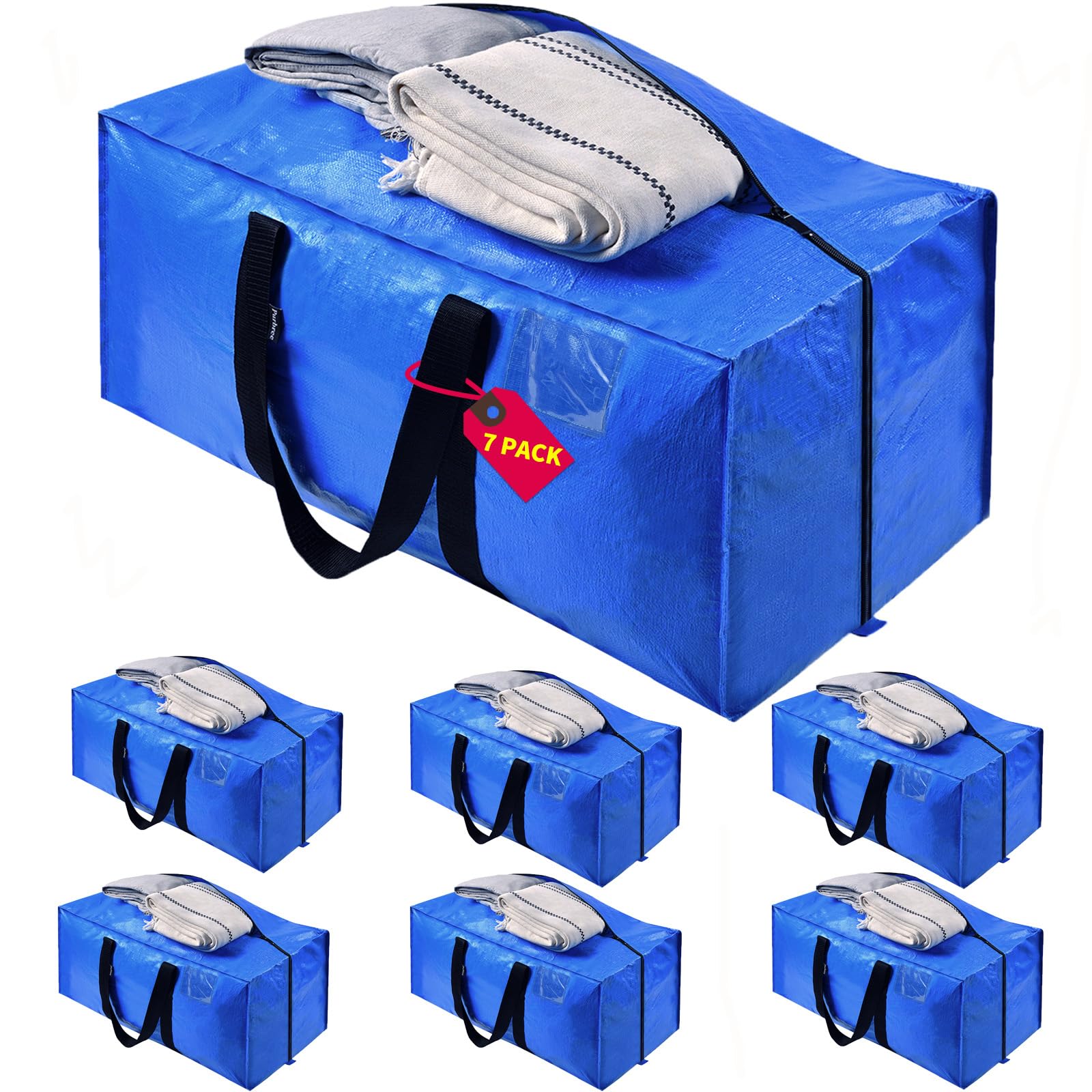 Moucas 7 Pack Heavy Duty Extra Large Moving Bags, Packing Bags for Moving, Blue Moving Totes W/Reinforced Handles & Zippers