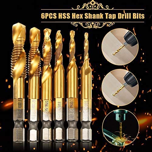 6Pcs M3 M4 M5 M6 M8 M10 Coated HSS Spiral Flute Metric Taps Set Metric Thread Tap Drill and Tap Bits 1/4" Hex Shank Screw Taps Tool Set