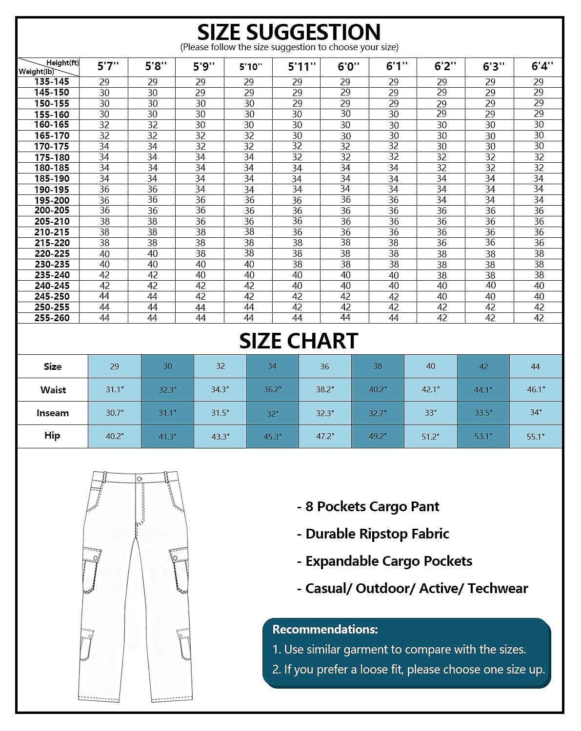 AKARMY Men's Ripstop Wild Cargo Pants, Relaxed Fit Hiking Pants, Army Camo Combat Casual Work Pants with 8 Pockets(No Belt) 3355 Black 32