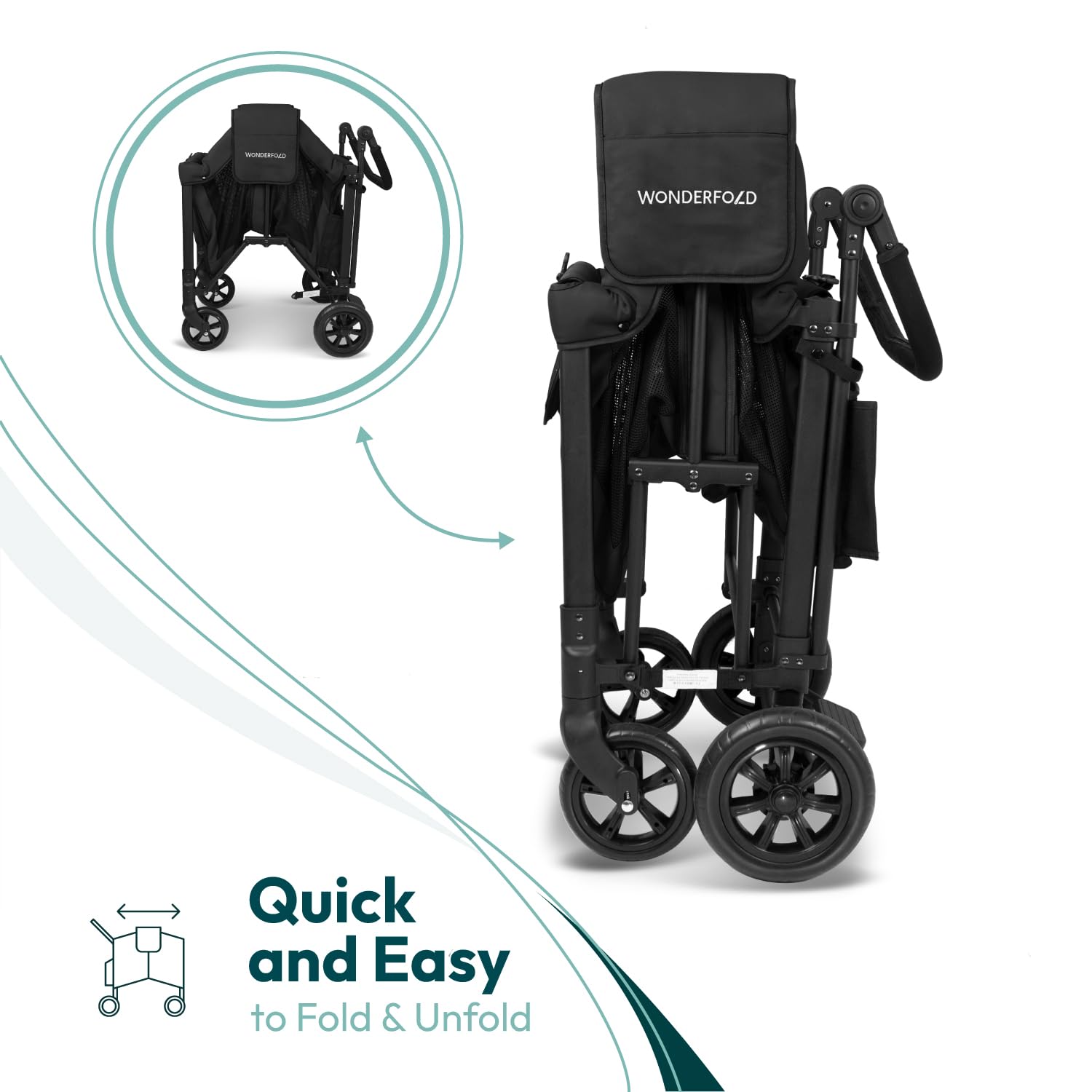 WONDERFOLD W2 Original + Stroller Wagon (2 Seater) - Collapsible Wagon Stroller with Seats with 5-Point Harnesses, Easy-Access Door, and Adjustable Sun Canopy, Black