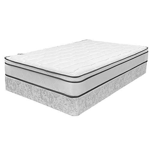 Mattress Comfort, 10-Inch Meduim Plush Eurotop Pillowtop Innerspring Mattress & 8" Wood Box Spring Set with Mattress Protector, Full