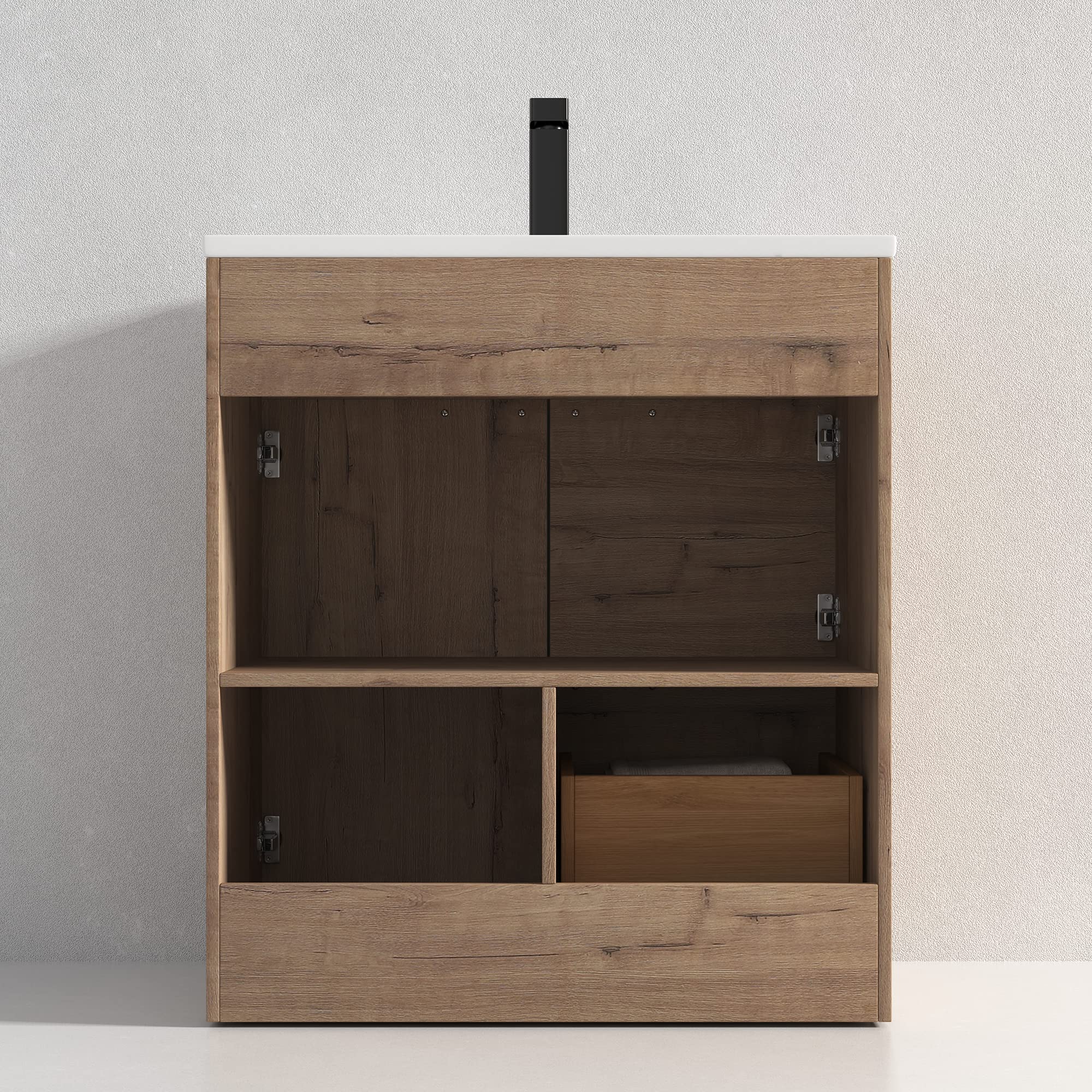 All Wood Freestanding Bathroom Vanity with Topmount Sink (Classic Oak, 30" w/Ceramic Sink)