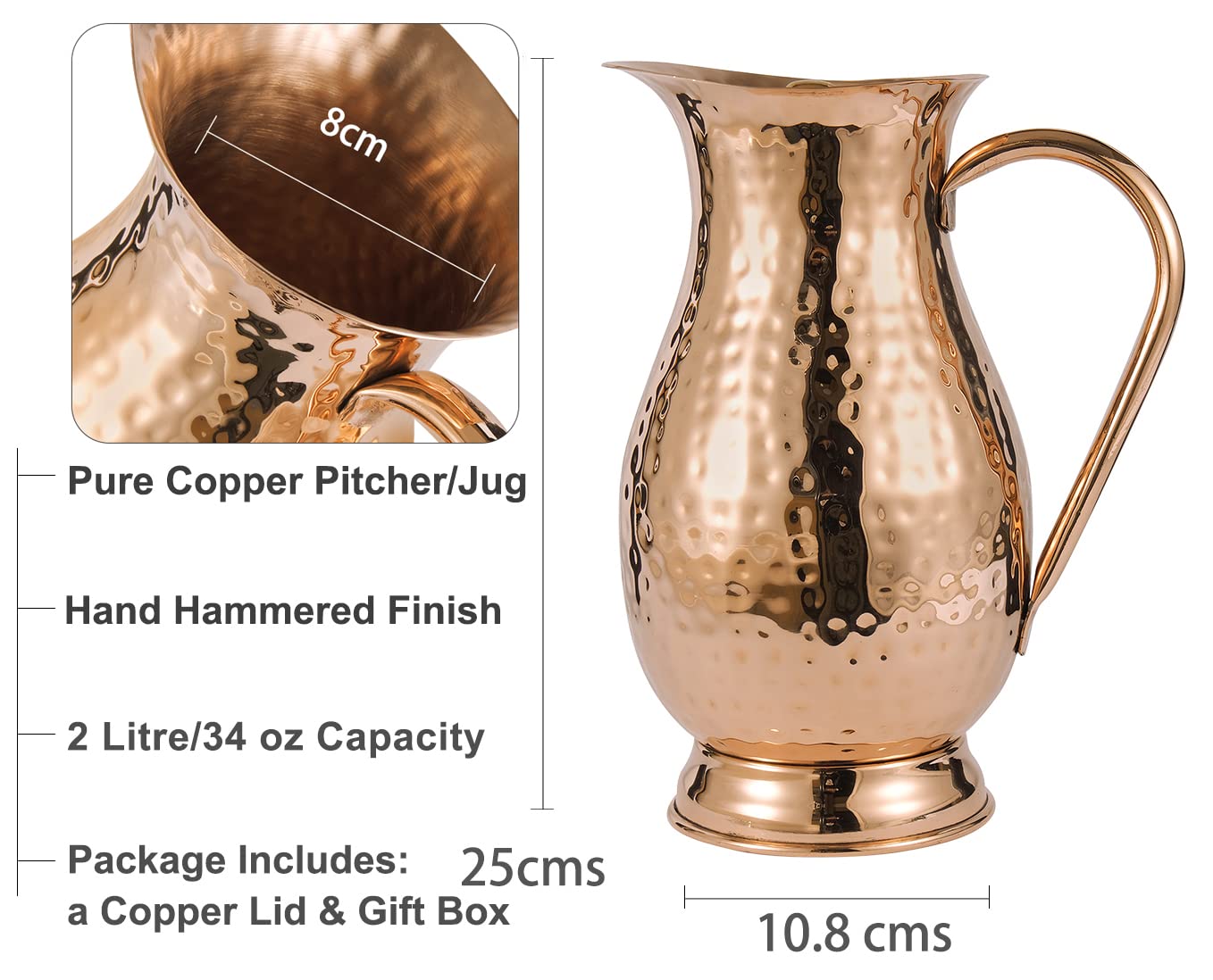 Copper Pitcher with a Lid | Large Size Solid Copper Handcrafted Copper Hammered Jug | Capacity 70 Oz/2000ml | Pure Copper Water Carafe For Home, Hotels & Gifting