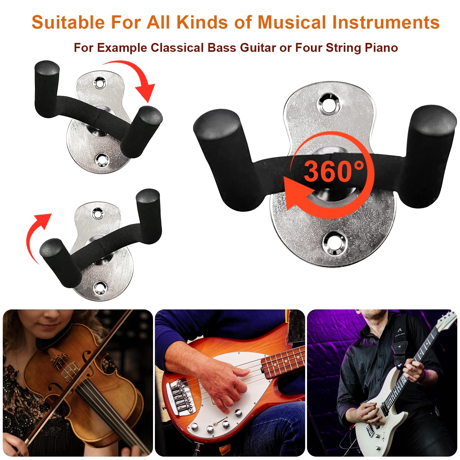 Depointer DEPOINTER Guitar Wall Mount Hanger 3-Pack,Metal Guitar Hanger, Guitar Bracket with Protective Sponge, Guitar Holder Stand Suitable for Bass/Guitar/Banjo/Ukulele- Silver