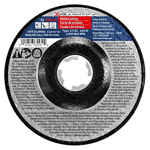 BOSCH CWX27LM450 4-1/2 In. x 1/8 In. X-LOCK Metal Cutting Abrasive Wheel 30 Grit Compatible with 7/8 In. Arbor Type 27A (ISO 42) for Applications in Metal Cutting