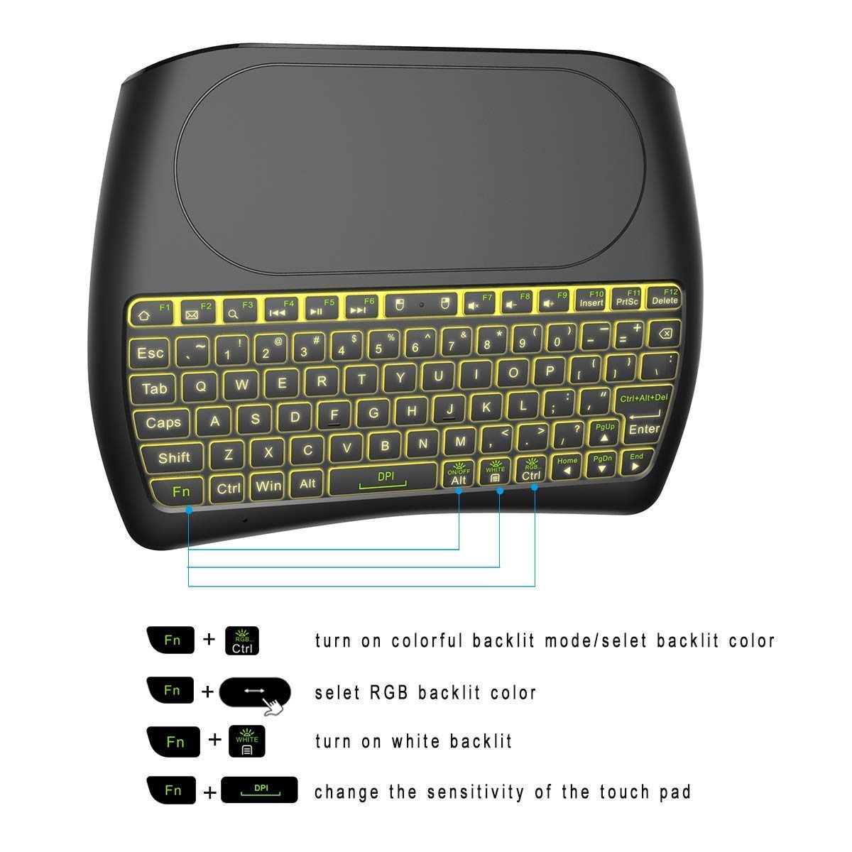 Mini Wireless Keyboard,D8 Mini Keyboard with Touchpad,Colorful Backlit Small Wireless Keyboard,Mini Handheld Remote Keyboard for PC,Raspberry Pi 4, Android TV Box,KODI,Windows 7 8 10