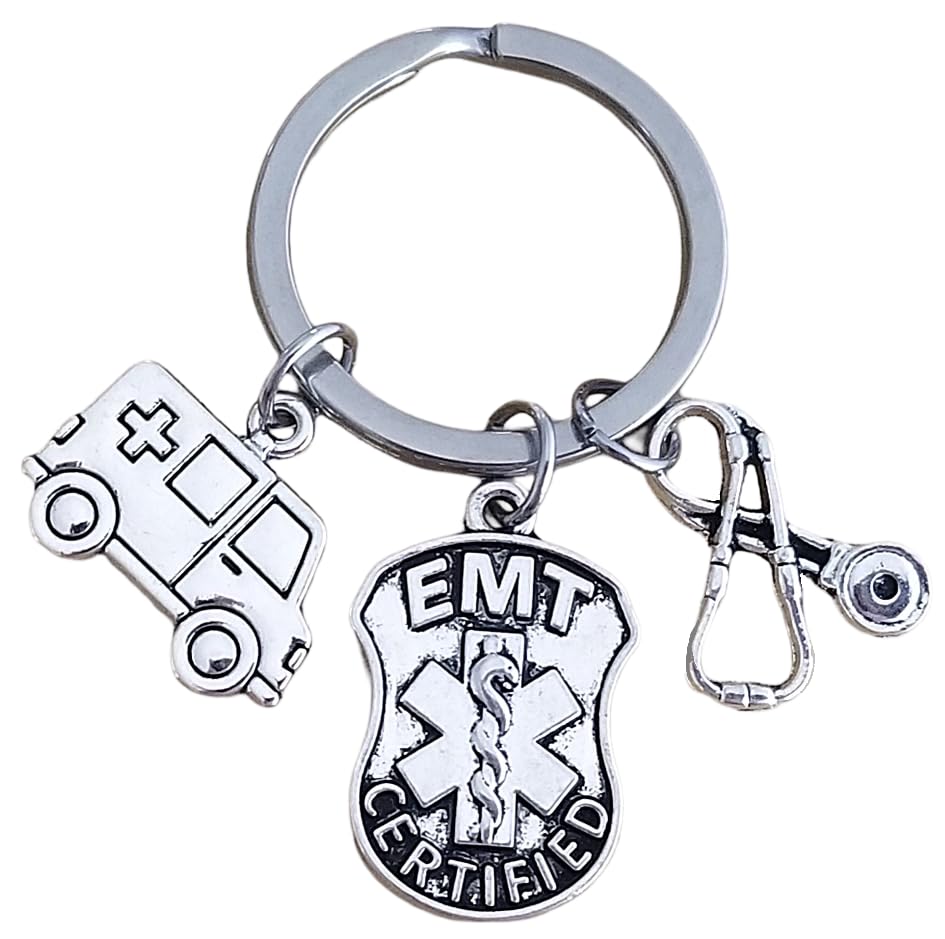 Kit's Kiss EMT Emergency Medical Technician Keychain Ambulance Stethoscope Caduceus Medical Symbol EMT Graduation Gift