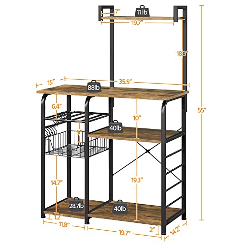 Yaheetech Industrial Kitchen Baker’s Rack Utility Microwave Oven Stand with Wire Basket & 10 S Hooks, Coffee Bar Spices Utensils Storage Shelf, Easy Assembly, Rustic Brown