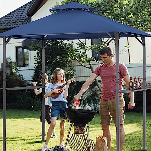 Akeacubo Replacement Canopy Cover with Double Tiered Roof Fit for 5'x8' BBQ Grill Gazebo Model L-GG001PST、L-GZ238PST (Navy Blue)