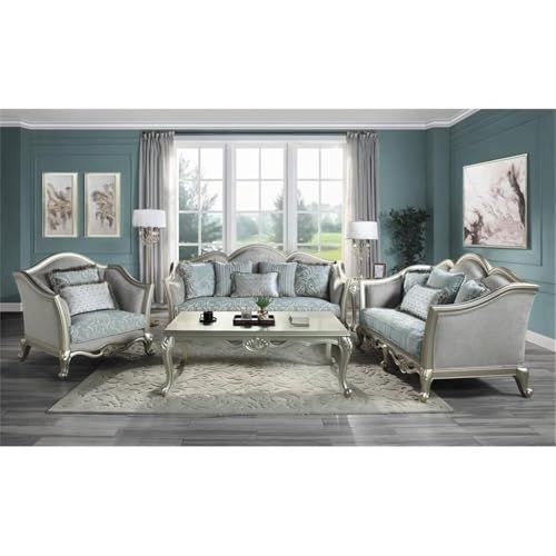 Acme Qunsia Sofa with 5 Pillows in Light Gray Fabric and Champagne