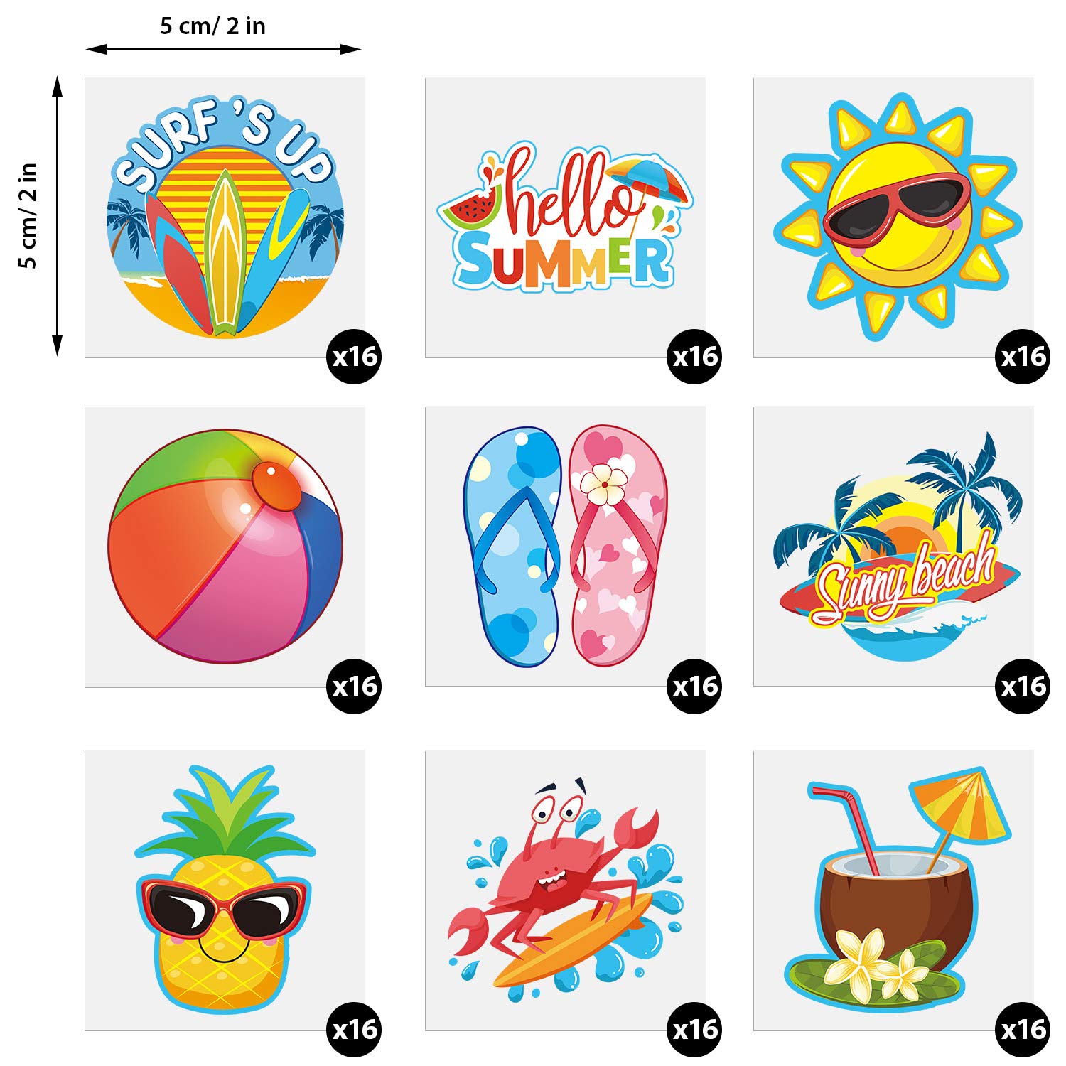 Patelai 144 Pieces Kids Summer Party Tattoos Beach Hawaiian Luau Themed Waterproof Temporary Tattoos, 9 Styles