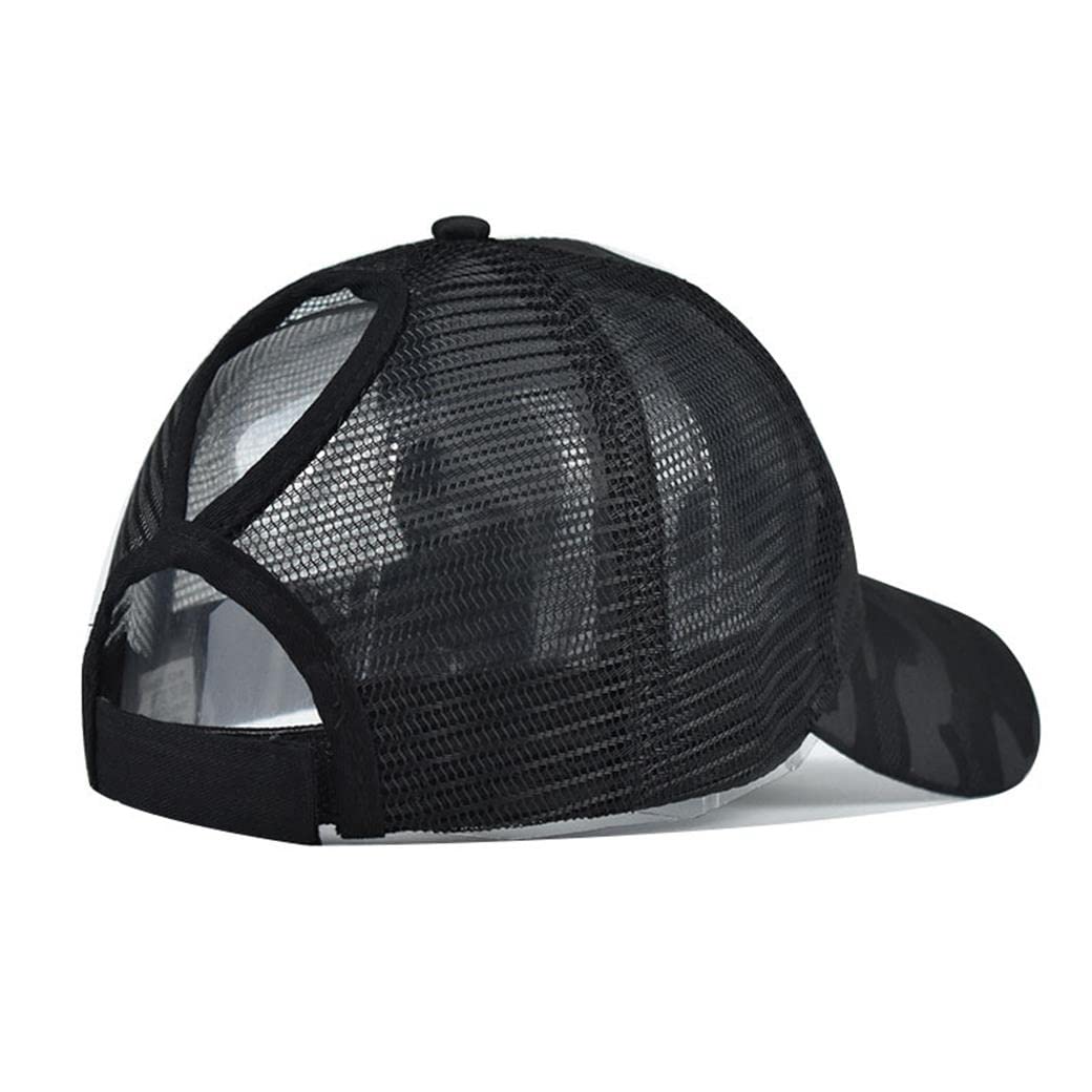 Adorable Star Ponytail Hats for Women, Curved Sanpback Distressed Black Pony Cap, Adjustable Denim Messy Bun Ball Caps (as1, alpha, one_size, m, Jacquard-weave-camo-black)