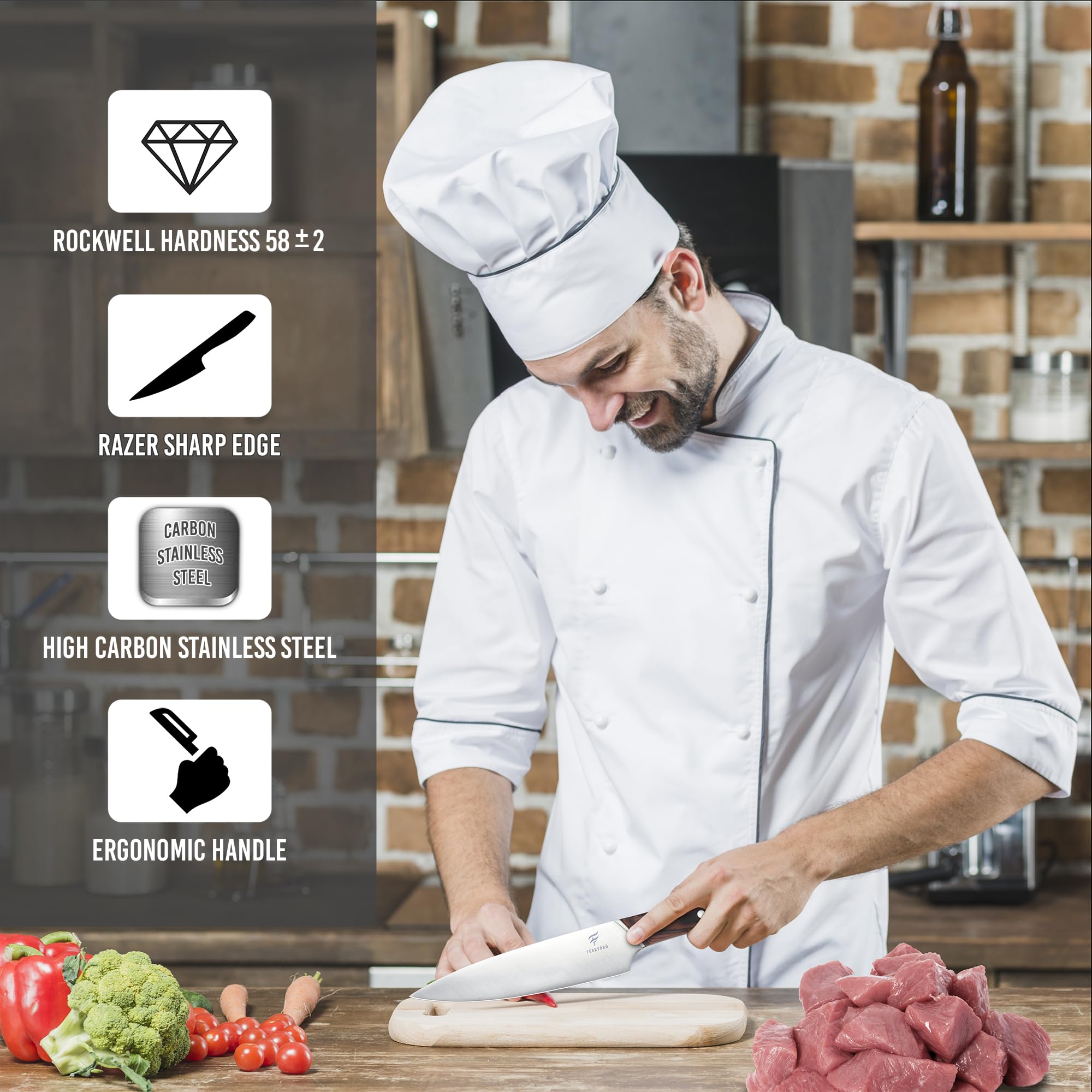 FERRYBRÖ Professional Chef Knife Set, Ultra Sharp German High Carbon Stainless Steel Blade, Kitchen Knife Set with Ergonomic Handle, 3Pcs Chefs Knives 1Pcs Sharpener(4Pcs Chef's Knife Set)