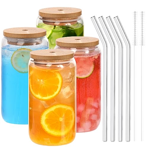 4PCS Glass Cups with Bamboo Lids and Glass Straws, 16oz Drinking Glasses Can Shaped Glass Cups, Beer Glasses, Iced Coffee Cups, Ideal for Gift, Wine, Cocktail- 2 Cleaning Brushes