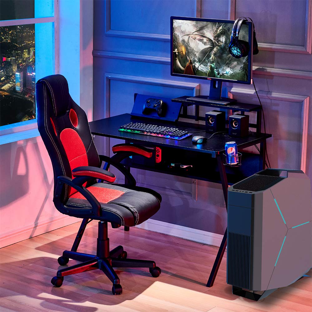 4HOMART Computer Desk, Gaming Table Wood Leaning Desk Home Office Workstation PC Laptop Writing Study Table with Cup Holderand Storage Shelf for Home Office Small Place Use