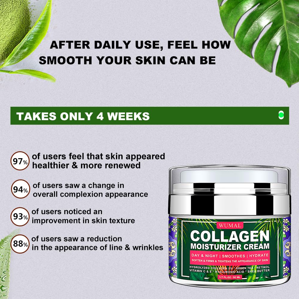 WUMAL Collagen Retinol Cream - Hydrates, Firms and Brightens Skin - Face Moisturizer for All Skin Types - 1.7oz