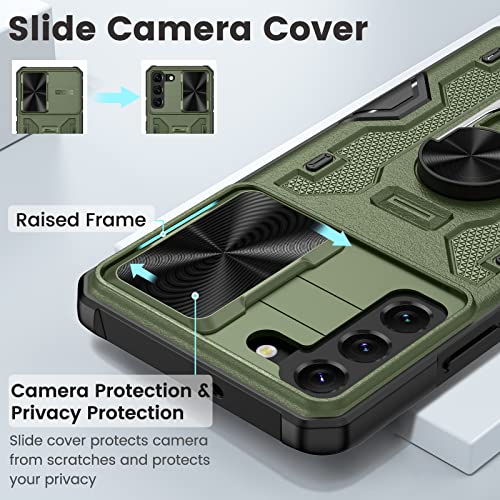 Caka for Samsung Galaxy S22 Case, Galaxy S22 Case with Camera Cover & Kickstand with Built-in 360° Rotate Ring Stand Magnetic Magnet Protective Phone Cover Case for S22 5G 6.1 Inch -Green