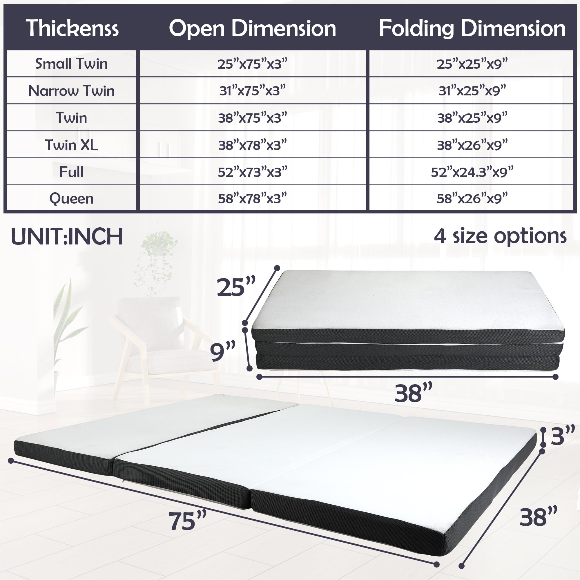 Folding Mattress, Tri-Fold Gel Memory Foam Mattress Portable Foldable Mattress with Washable Cover & Non-slip Bottom & Breathable Mesh Sides, Certipur-Us Certified, Fiberglass Free, (3 Inch, Twin)