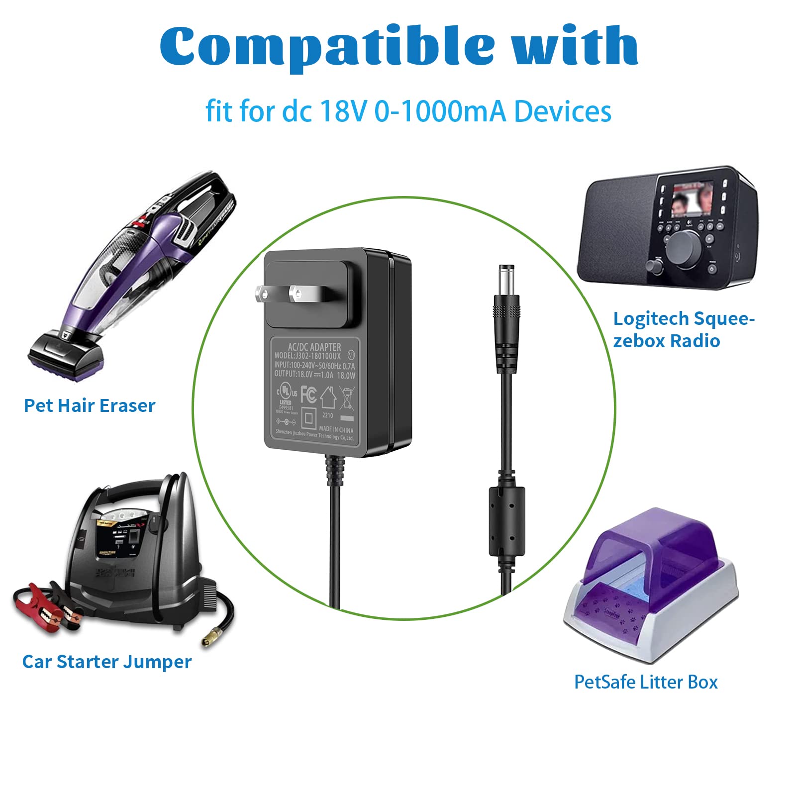 TKDY 18V 1A DC Power Supply Adapter, 110-240V AC to DC 18Volt US Plug fit for 18Vdc 1000mA 750mA 500mA Power Cord for Logitech Squeezebox Wi-Fi Internet Radio.