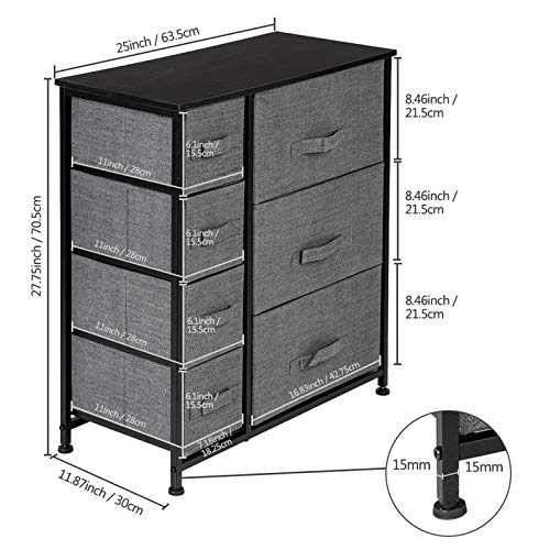 Kcelarec Drawer Dresser Storage Organizer 7-Drawer Closet Shelves, Sturdy Steel Frame Wood Top with Easy Pull Fabric Bins for Clothing, Blankets (Grey)