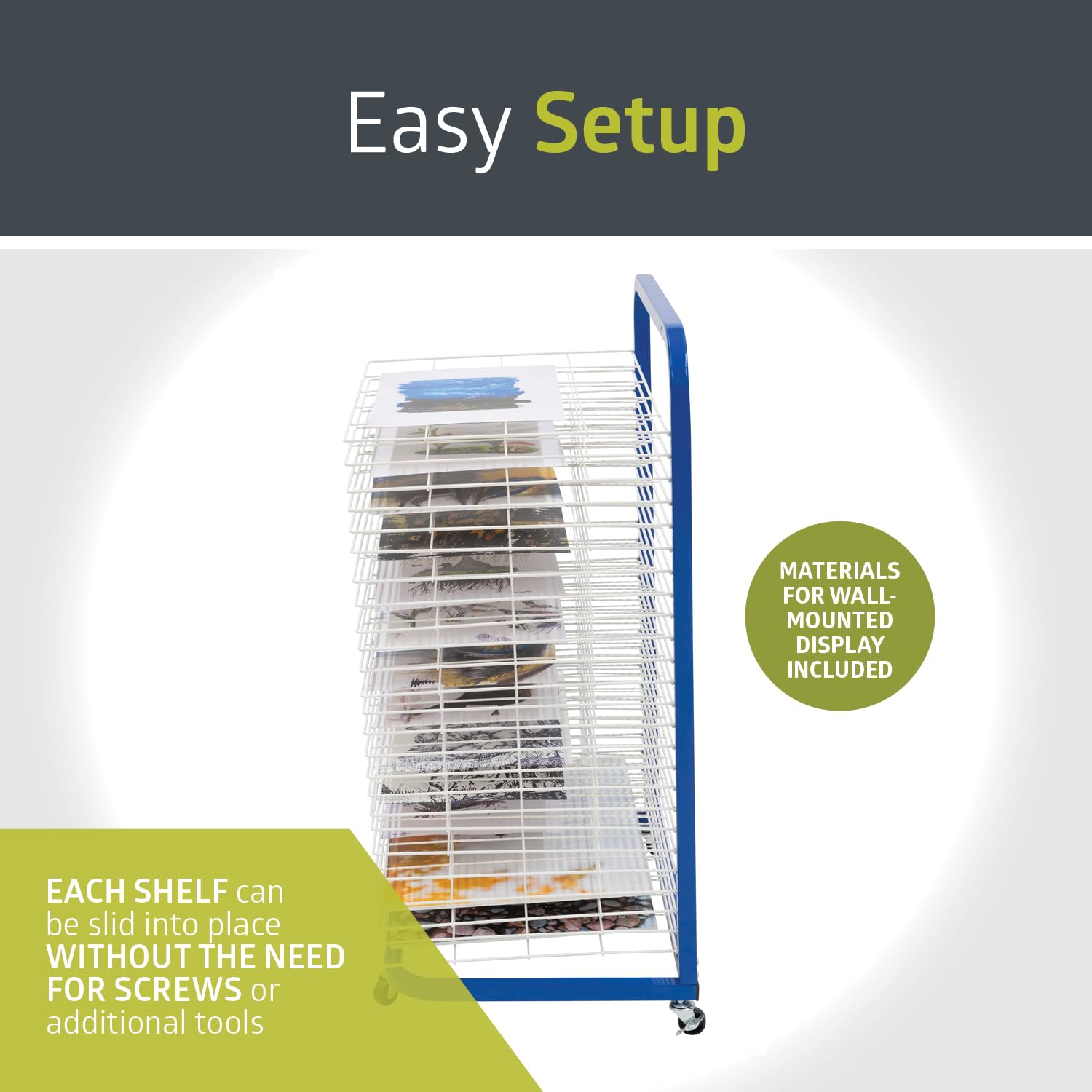 Pearington Mobile 25-Shelf Art Drying Rack for Classrooms and Art Studios, Heavy-Duty Steel Rolling Art Rack Cart with 25 Wide Shelves, Blue