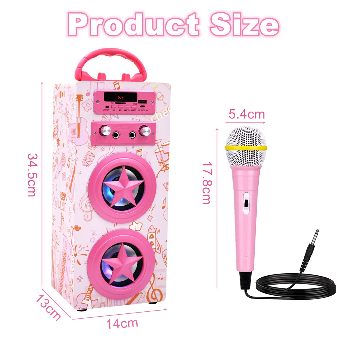 IndeCool Kids Bluetooth Karaoke Machine with 2 Microphones, Rechargeable Remote Control Wireless Karaoke Speaker Portable Karaoke Machine Music MP3 Player for Kids Adult Party Gift (Pink)