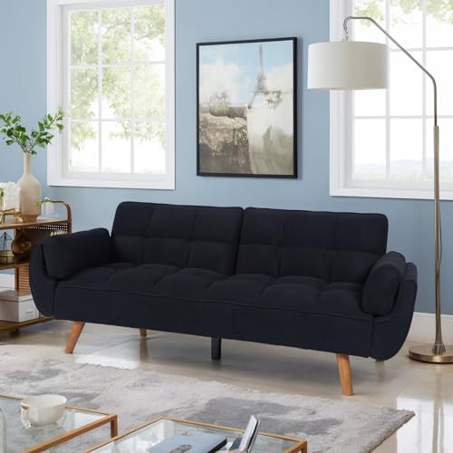 Wonder Comfort Corduroy Futon Sofa Bed Loveseat, Adjustable Backrest Convertible Sleeper Reclining Couch with Tapered Wood Legs, Black