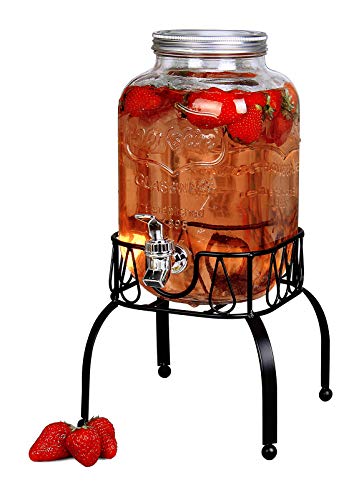 Estilo Glass Drink Dispenser w/Stand for Parties - 1 Gallon Glass Jar Beverage Dispenser w/Stand - Glass Water Dispenser Countertop for Weddings, Sun Tea Jar, Laundry Detergent & Lemonade Dispenser