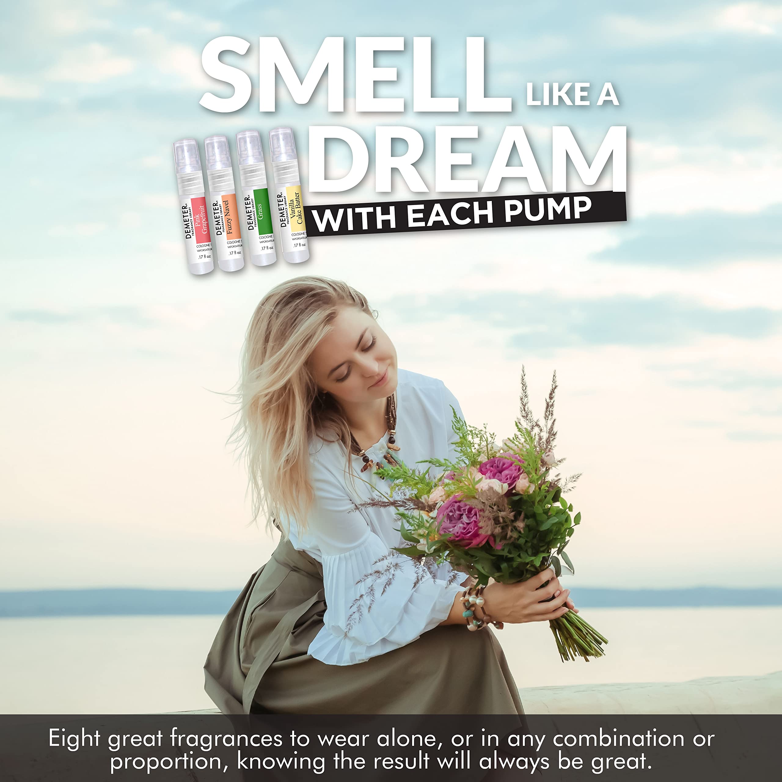 DEMETER Happy Foolproof Blending Set, Pink Grapefruit, Fuzzy Navel, Grass, Vanilla Cake Batter, Fresh Brewed Coffee, Bulgarian Rose, Apple Blossom, Pixie Dust, Set of 8 Perfumes