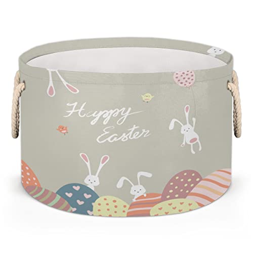 Happy Easter Egg And Rabbit Large Round Baskets for Storage Laundry Baskets with Handles Blanket Storage Basket for Bathroom Shelves Bins for Organizing Nursery Hamper Girl Boy