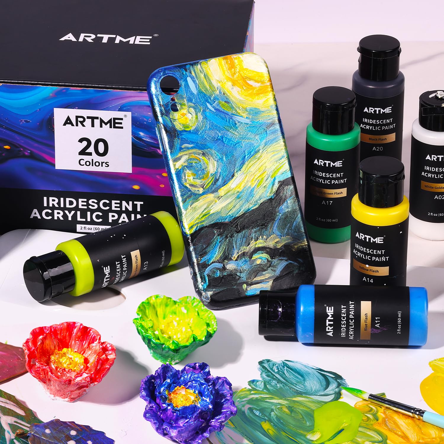 Artme Iridescent Acrylic Paint Set, 20 Chameleon Colors in 2 oz/60ml Bottles, Color-shifting Acrylic Paint, Color Change Paint Perfect for Artists, Beginners on Canvas, Rocks, Wood, Fabric, Ceramic