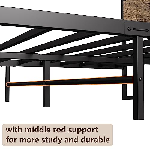 IRONCK King Size Bed Frame, Bookcase Headboard with Charging Station, Platform Storage Bed, Solid and Stable, Noise Free, No Box Spring Needed, Rustic Maple