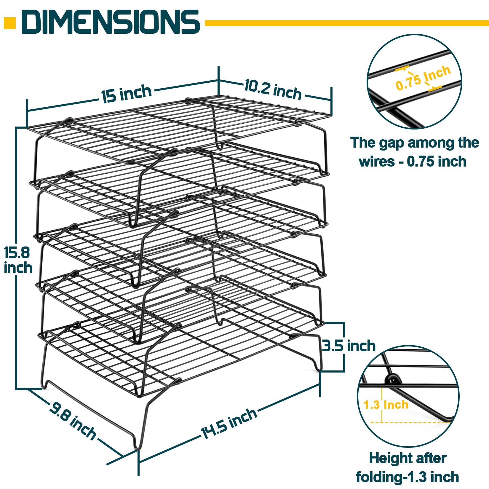 5-Tier Nonstick Cooling Racks, P&P CHEF Stackable Baking Rack Set for Cooking Roasting, Oven Safe & Easy Clean, Stainless Steel Core & Durable, 15β x 10β, Rectangle, Black