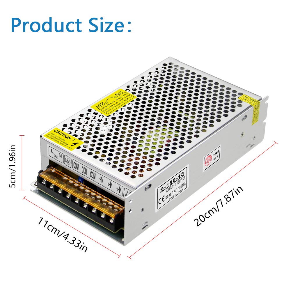 SHNITPWR 18V 10A 180W Power Supply Adapter Transformer AC 110V 220V to DC 18 Volt 10amp 9A 8A 7A 6A 5A 1A Converter LED Driver 3 Output Ports for LED Light 3D Printer CCTV Camera