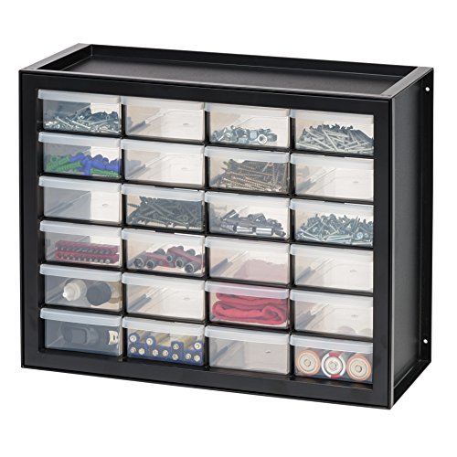IRIS USA, Inc.IRIS USA Plastic 3-Drawer Desktop Organizer, White, 4 Pack & IRIS USA 24 Drawer Stackable Storage Cabinet for Hardware Crafts and Toys, 19.5-Inch W x 7-Inch D x 15.5-Inch H, Black
