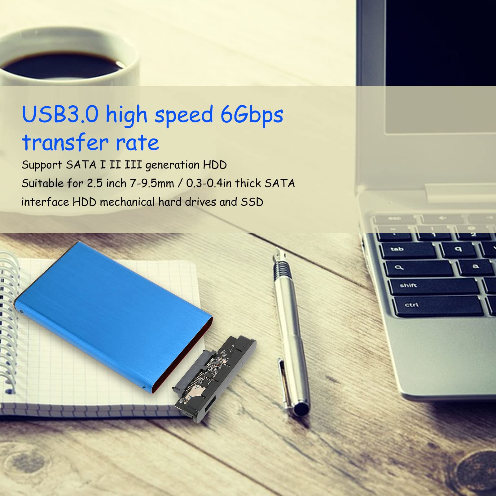 Acogedor USB 3.0 Portable Hard Drive Enclosure 2.5 Inch Aluminum Mobile Hard Drive Enclosure, with LED Status Indicator, Support 2TB Capacity, 6Gbps Transfer Rate (Blue)