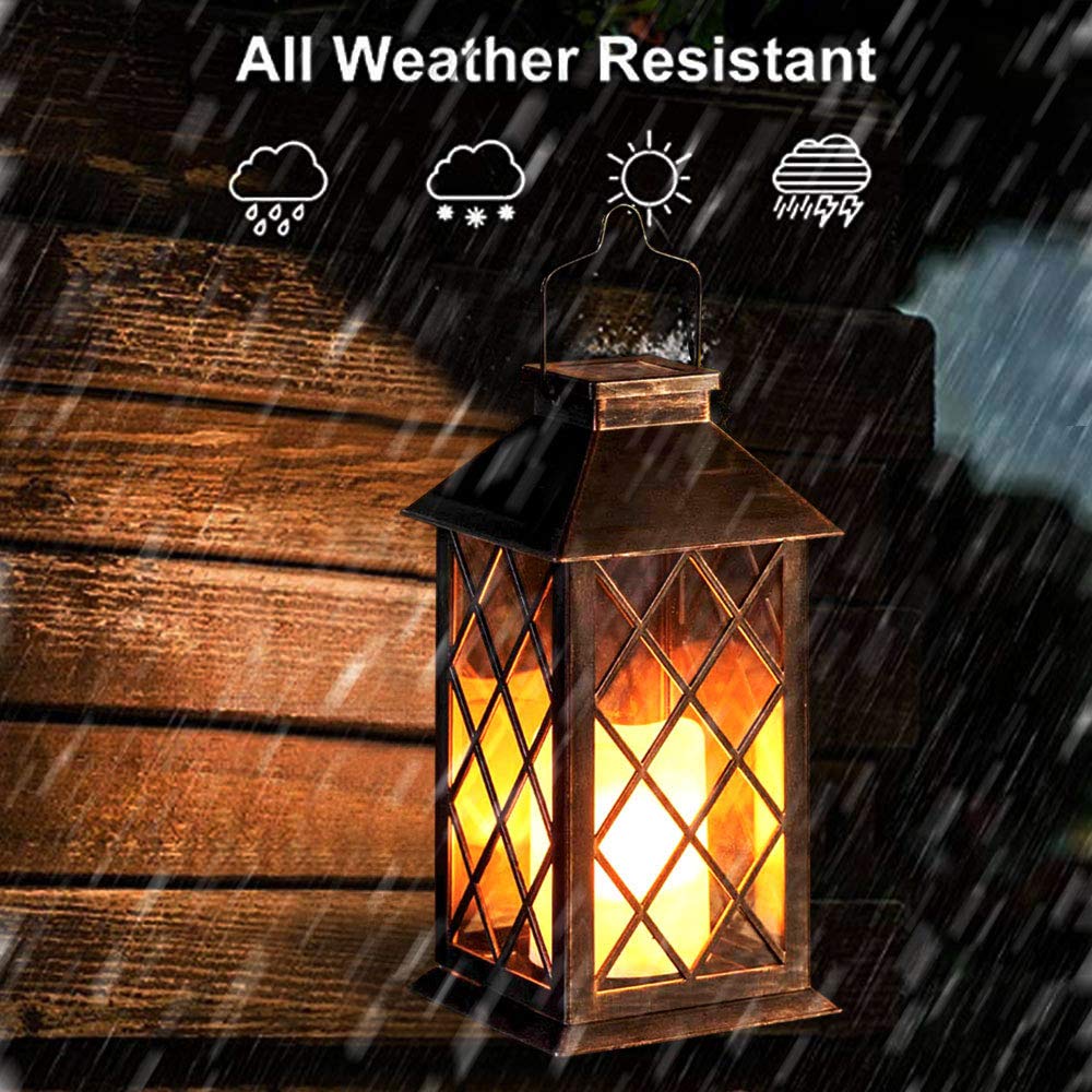 Solar Lantern Lights Hanging Lanterns Outdoor, PVC Waterproof LED Flickering Flameless Candle Decorative Solar Lantern, for Patio Courtyard Garden (2 Pack)
