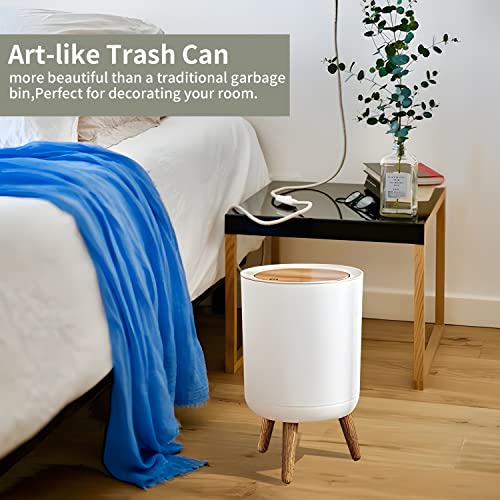 Bedroom Small Trash Can with Lid, Plastic Bathroom Garbage Can with Push Button, Nordic Trash Cans, White Trash Bin Waste Basket Suitable for Kitchen,Living Room,Office ,Dog Proof Trash can (1.8 Gal Round)
