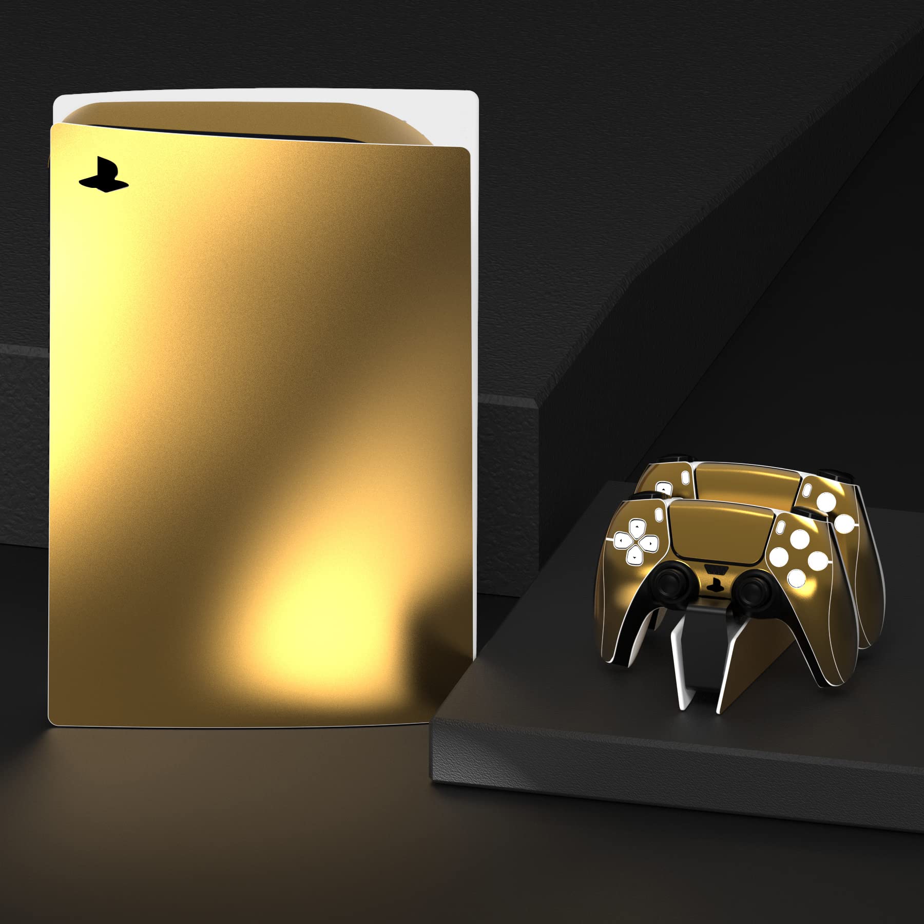 PlayVital Chrome Gold Glossy Full Set Skin Decal for ps5 Console Disc Edition, Sticker for ps5 Vinyl Decal Cover for ps5 Controller & Charging Station & Headset & Media Remote