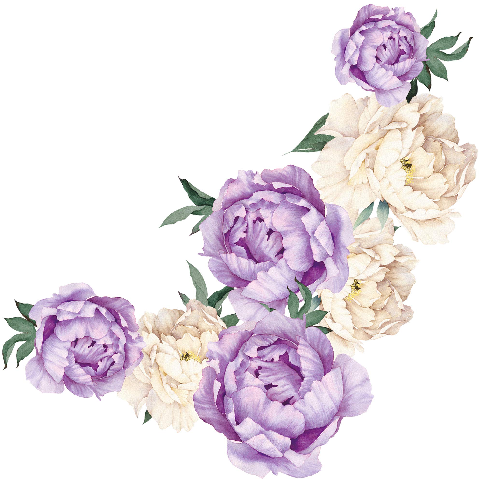 RW-C16 3D Peony Rose Wall Decals White Purple Floral Wall Stickers DIY Removable Watercolor Garden Rosees Green Leaf Wall Decor for Girls Women Bedroom Living Room Nursery Office Decoration (Purple)