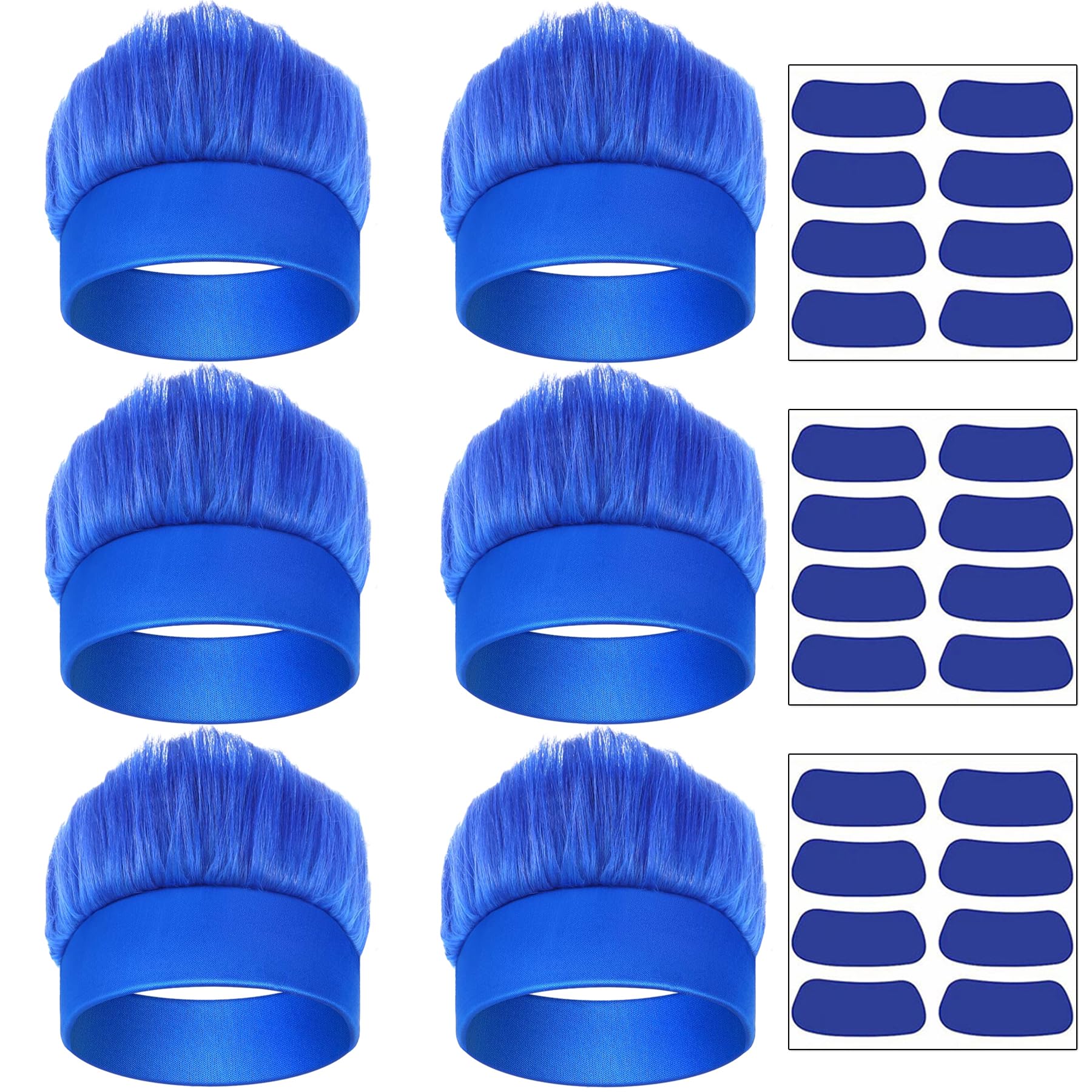 6 Pcs Hairy Costume Headband Crazy Trolls Flowy Hair Wig & Stickers, Halloween Spirit Day Themed Party Costume Accessory Sports Fans Cheering Headwear Supplies (Blue)