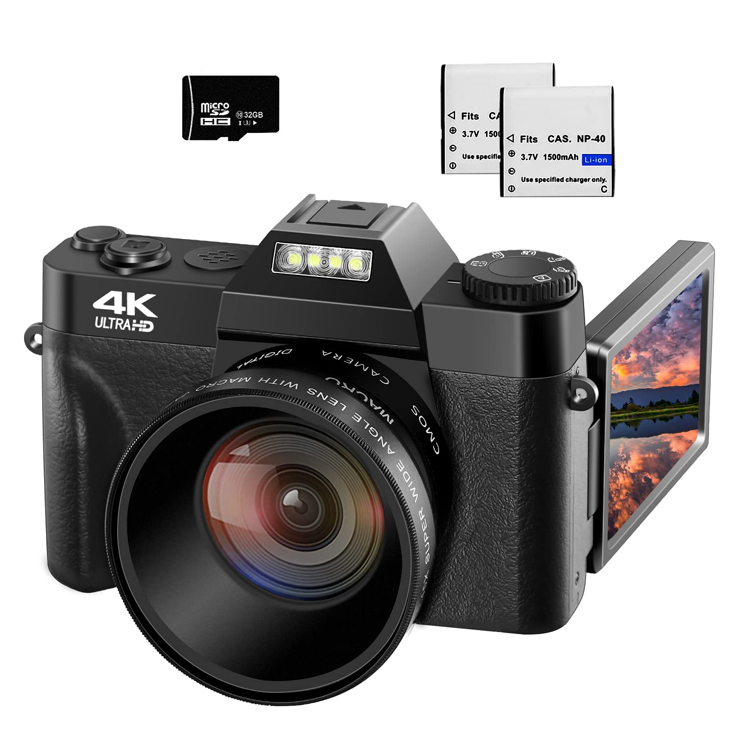 4K Digital Cameras for Photography 48MP Vlogging Camera 16X Digital Zoom Manual Focus Rechargeable Students Compact Camera with 52mm Wide-Angle & Macro Lens, 32G TF Card and 2 Batteries