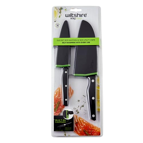 Wiltshire Staysharp Triple Rivet Duo Set Santoku & Utility Knife 2pc, Knives Built-In Sharpener,Sharp At All Times, Lifetime Performance, Slim Scabbard, Ergonomic Triple Rivet Handle, 10Year Guarantee