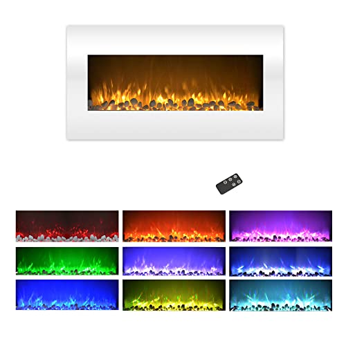 36-Inch Wall Mounted Electric Fireplace - 10-Color LED Flame and 3 Media Backgrounds with Adjustable Brightness and Remote by Northwest (White)