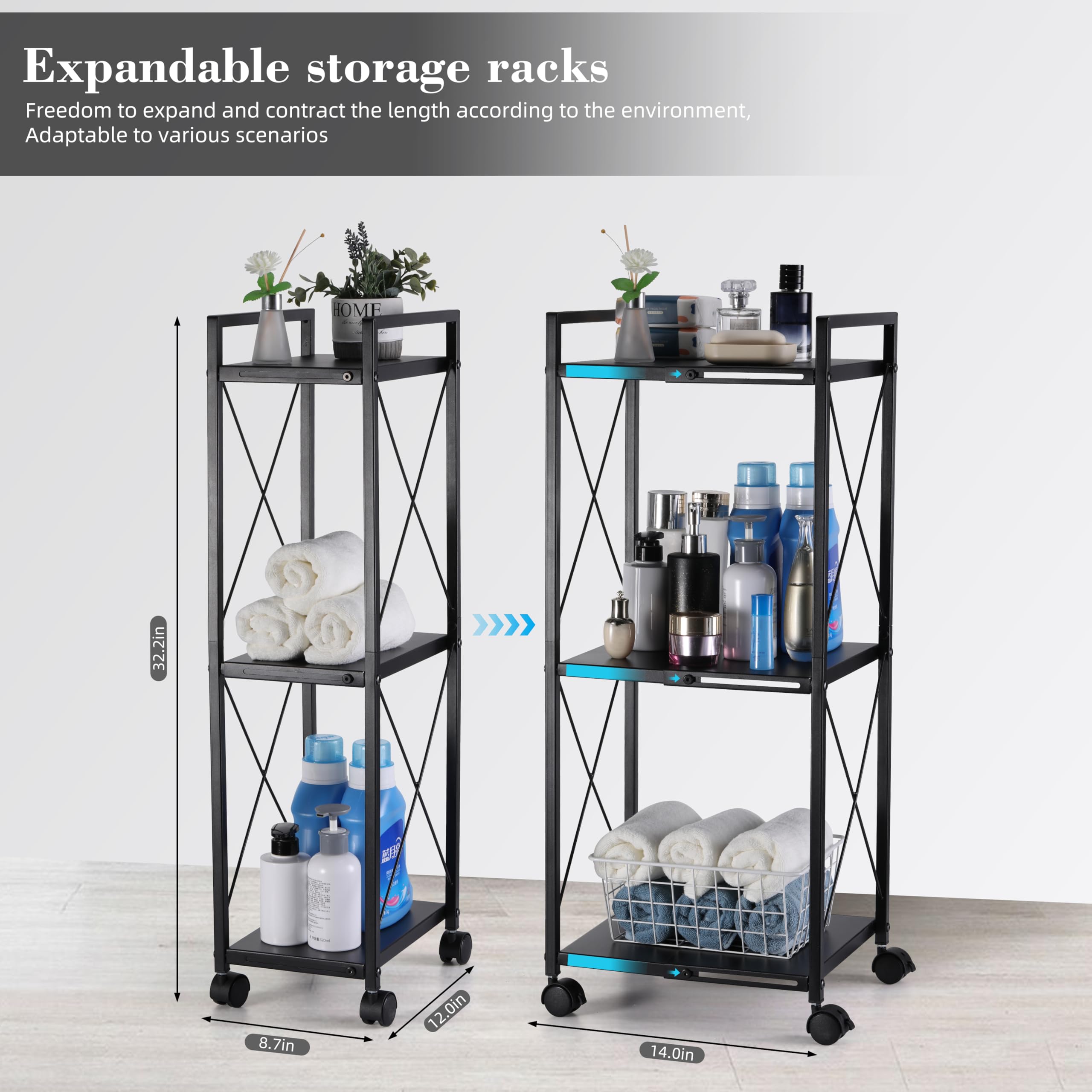 Boulphia 3 Tier Narrow Shelf Unit for Small Spaces, Shelf Between Washer and Dryer, Expandable, Narrow, Laundry Shelf Between Washer and Dryer, Ideal for Bathroom, Kitchen, Storage, Laundry