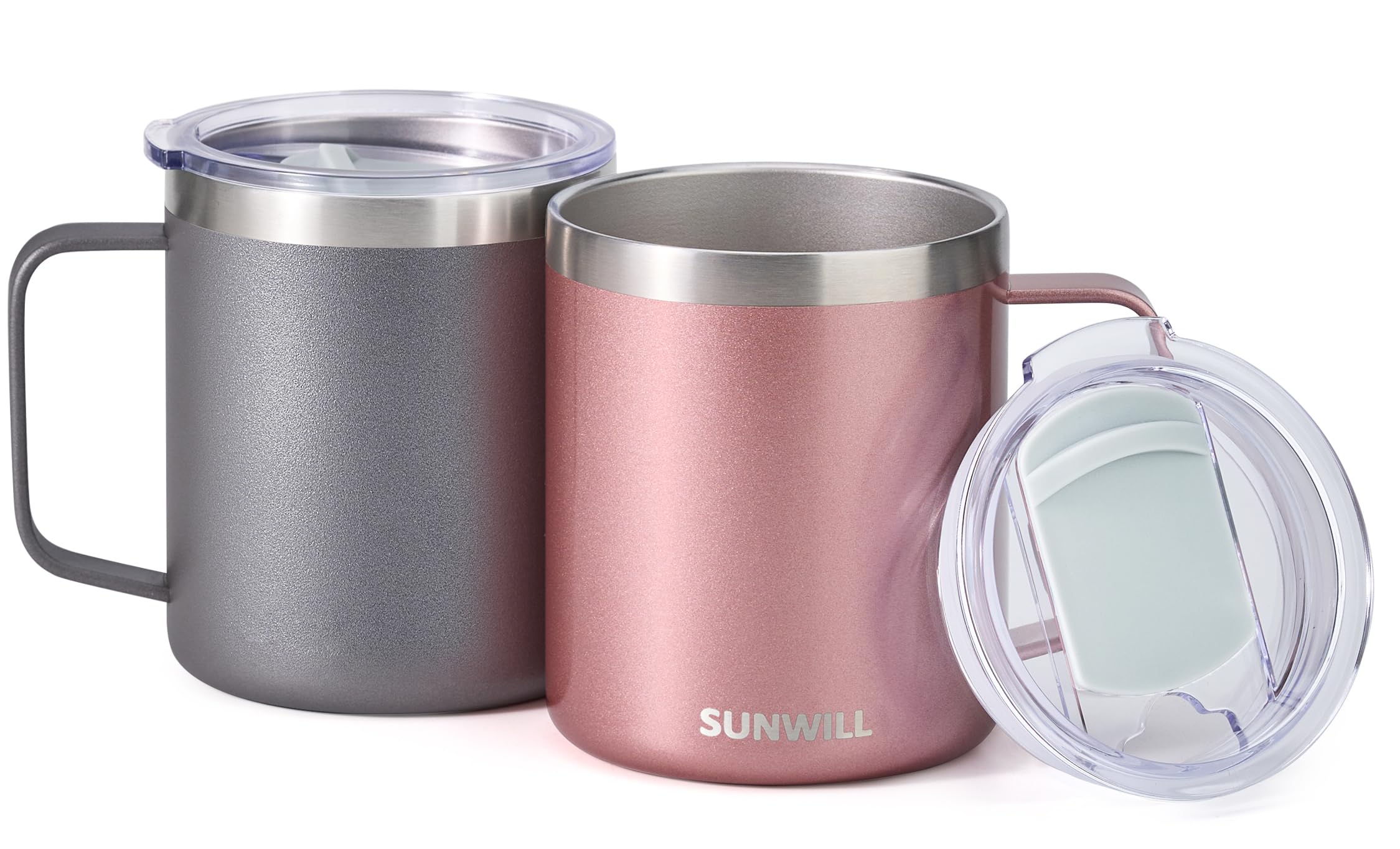 SUNWILL Travel Coffee Mug with Lid, Insulated Tumbler with Handle, 14 oz Stainless Steel Cup Set of 2 for Camping, Outdoor, Cool Grey & Rose Gold 2 Pack