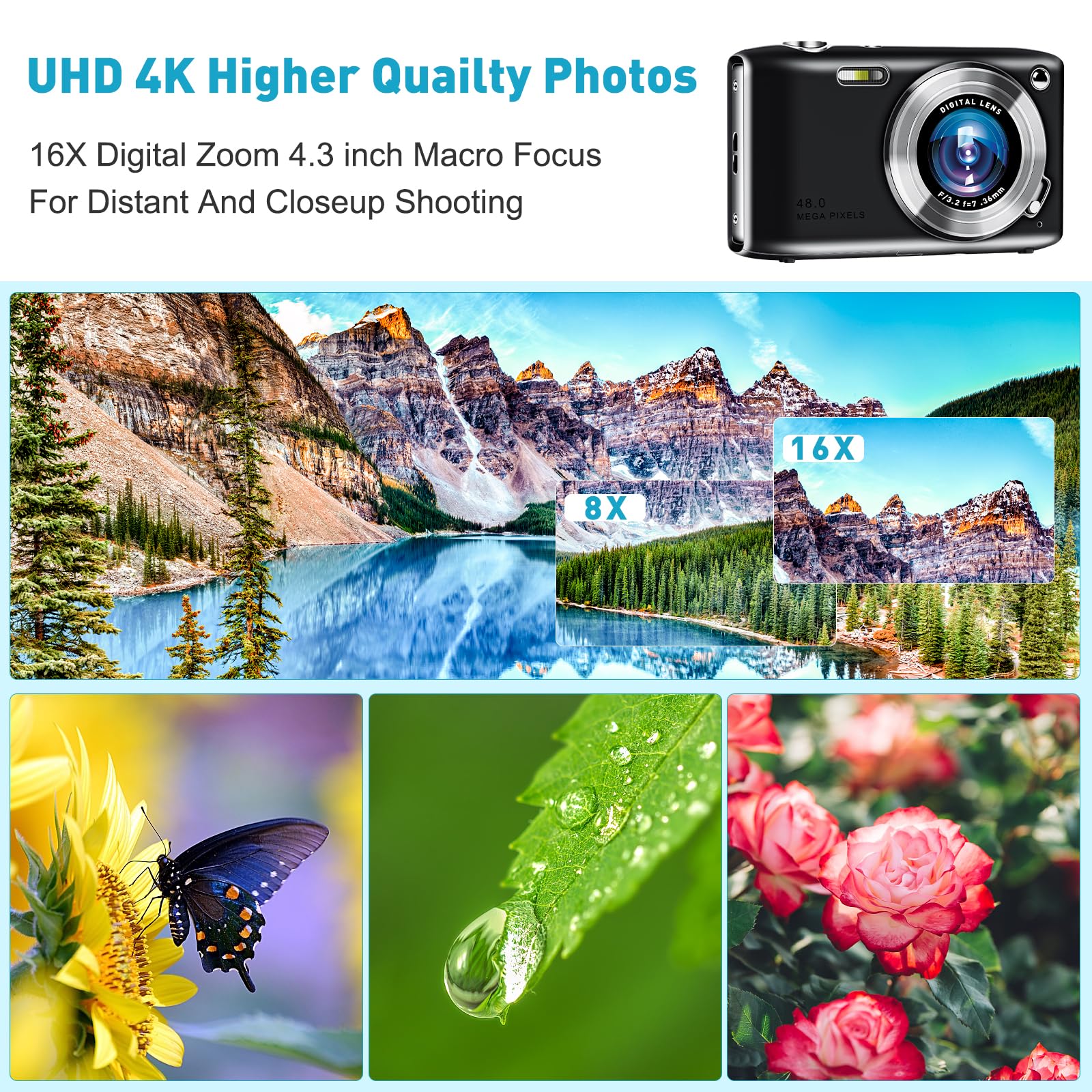 4K Digital Point and Shoot Camera, 48MP Digital Camera for Photography with 2.88'' IPS Screen & Flash, 16X Zoom Macro Focus Compact Vlogging Camera Anti Shake for Travel, Beginner Video Camera