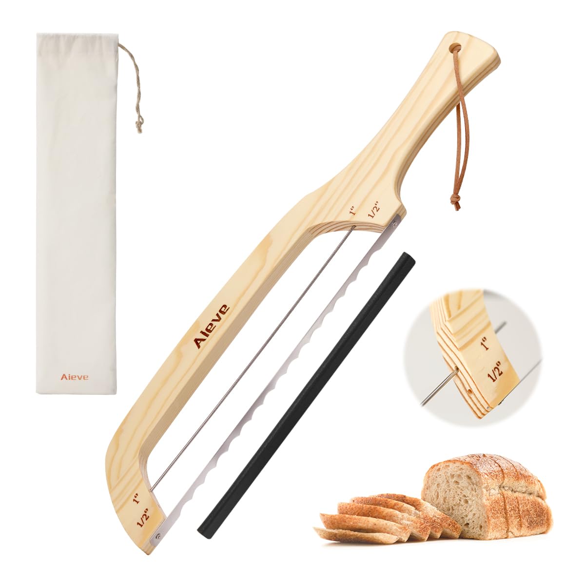 AIEVE Bread Bow Knife For Homemade Bread with 2 Thickness Guide,Wooden,16.5ā
